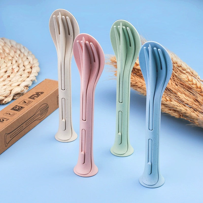 Wheat Straw Cutlery Reusable Utensils 3 in 1 Spoon Fork Knife Tablewar ...
